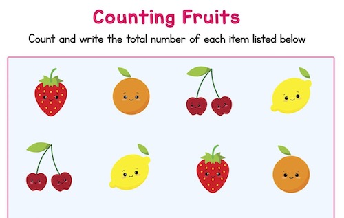 Fruits Version of Counting Numbers Worksheet - For Kids Education