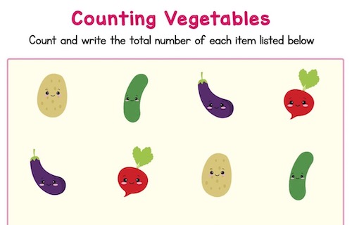 Counting Worksheet - Vegetables Version - For Kids Education