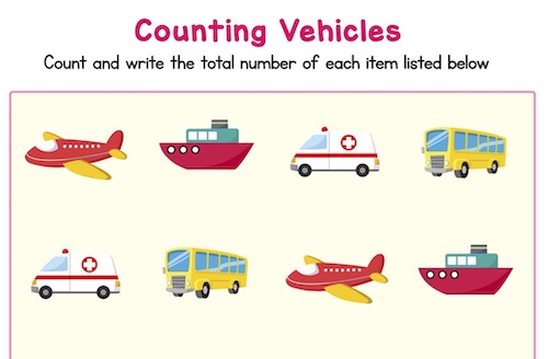 Count the Number of Each Type of Vehicles - For Kids Education